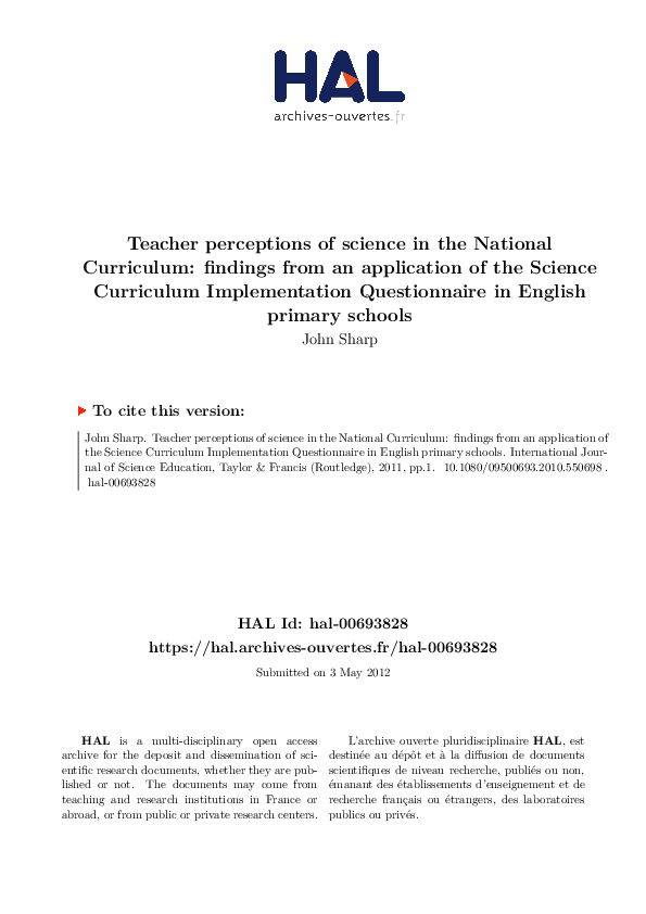 (PDF) Teacher Perceptions of Science in the National Curriculum: Findings from an application of ...