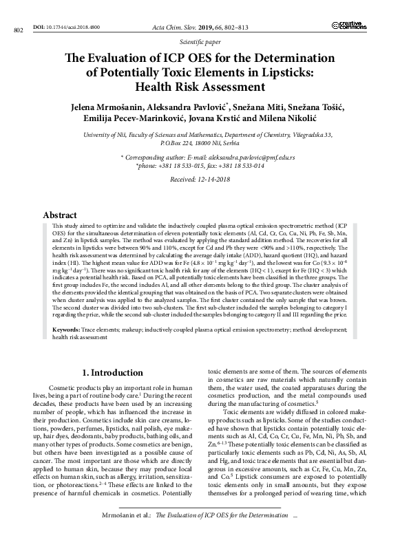 (PDF) The Evaluation of ICP OES for the Determination of Potentially Toxic Elements in Lipsticks ...