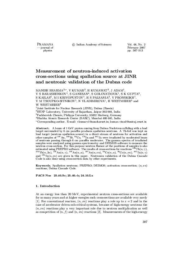 Pdf Measurement Of Neutron Induced Activation Cross Sections Using Spallation Source At Jinr