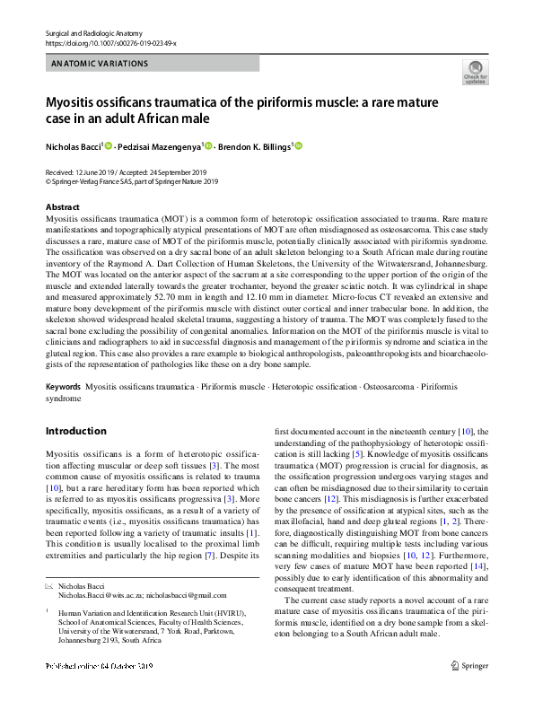 (PDF) Myositis ossificans traumatica of the piriformis muscle: a rare mature case in an adult ...