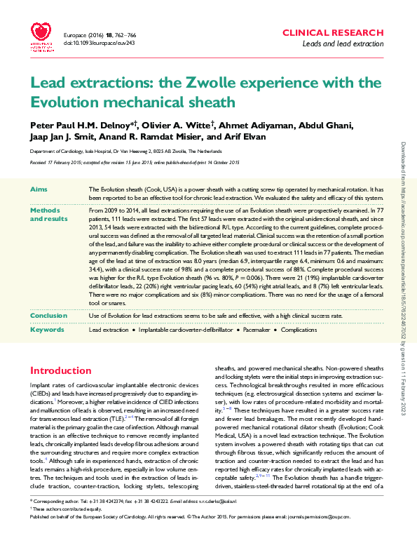(PDF) Lead extractions: the Zwolle experience with the Evolution ...