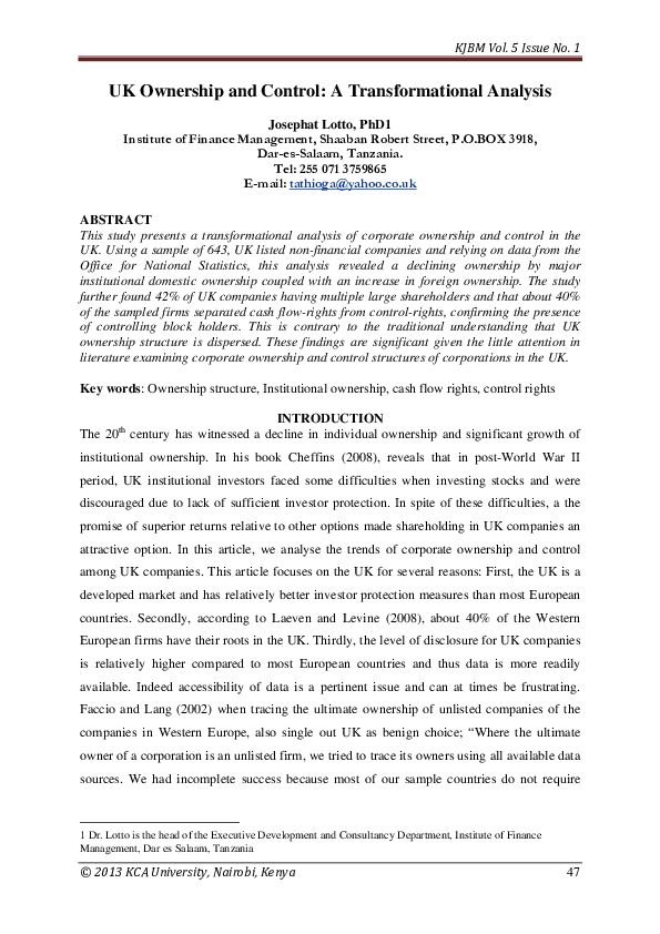 (PDF) UK Ownership and Control: A Transformational Analysis