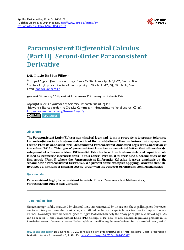(PDF) Paraconsistent Differential Calculus (Part I): First-Order Paraconsistent Derivative