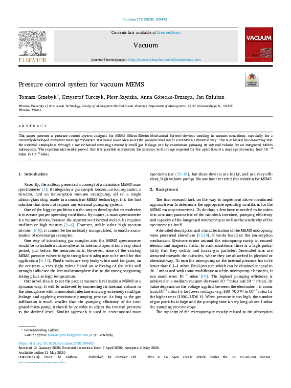 (PDF) Pressure control system for vacuum MEMS