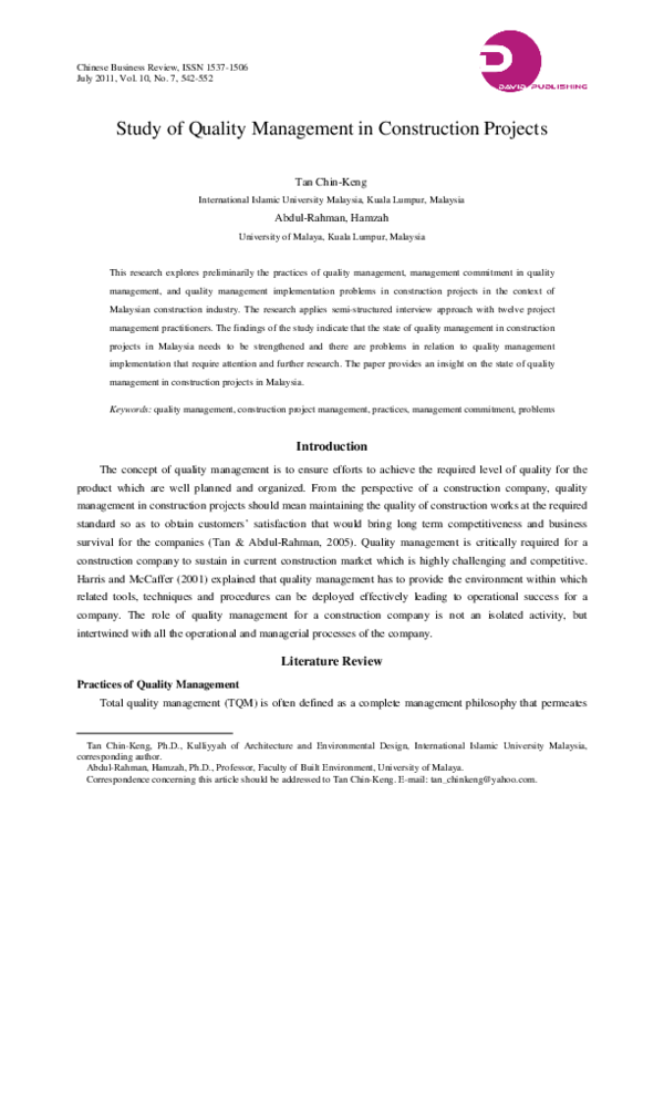 (PDF) Study of Quality Management in Construction Projects