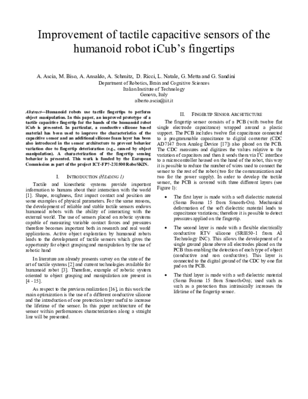 (PDF) Improvement of tactile capacitive sensors of the humanoid robot iCub's fingertips ...