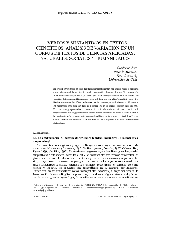 (PDF) Verbos y sustantivos en textos científicos. Análisis de variación en un corpus de textos ...