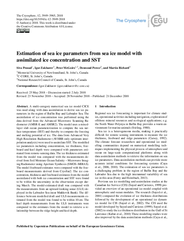 (PDF) Estimation of sea ice parameters from sea ice model with assimilated ice concentration and SST