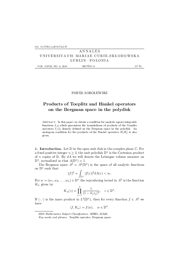 (PDF) Products of Toeplitz and Hankel operators on the Bergman space in the polydisk