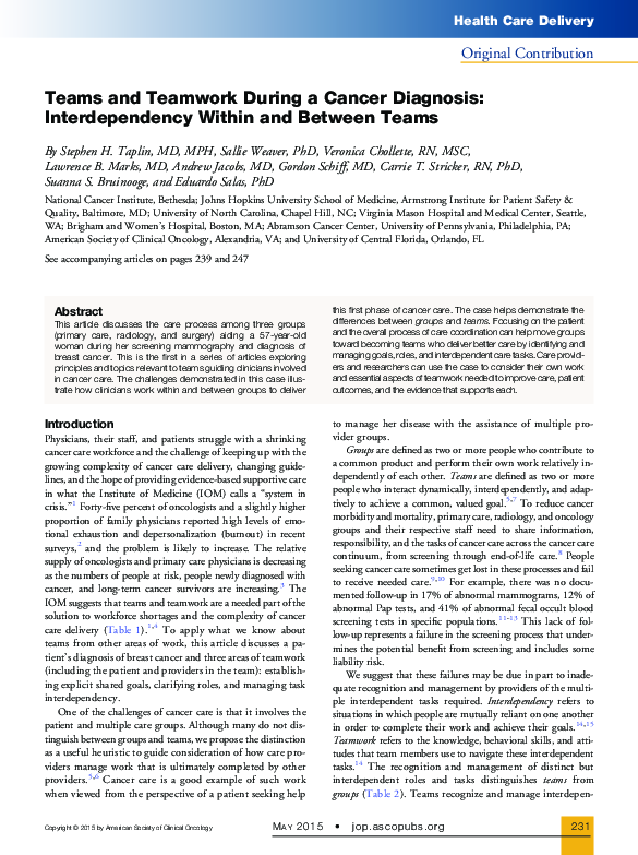 (PDF) Teams and Teamwork During a Cancer Diagnosis: Interdependency ...