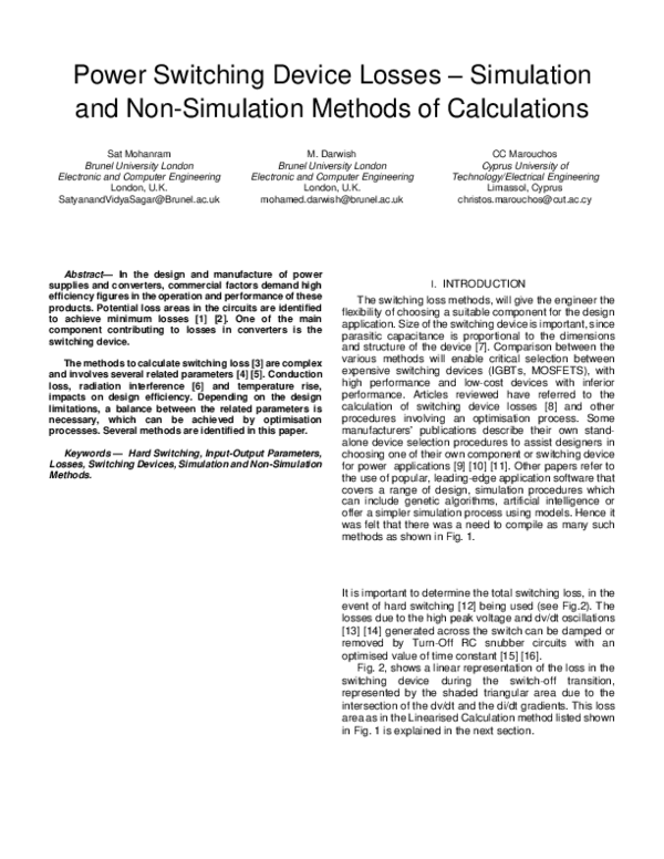 (PDF) Power Switching Device Losses – Simulation and Non-Simulation Methods of Calculations