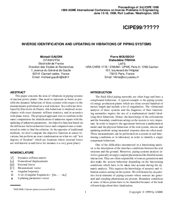 (PDF) Inverse Identification and Updating in Vibrations of Piping Systems