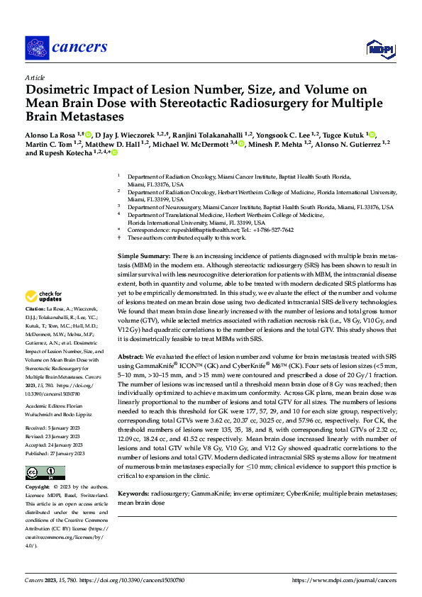 (PDF) Dosimetric Impact of Lesion Number, Size, and Volume on Mean Brain Dose with Stereotactic ...