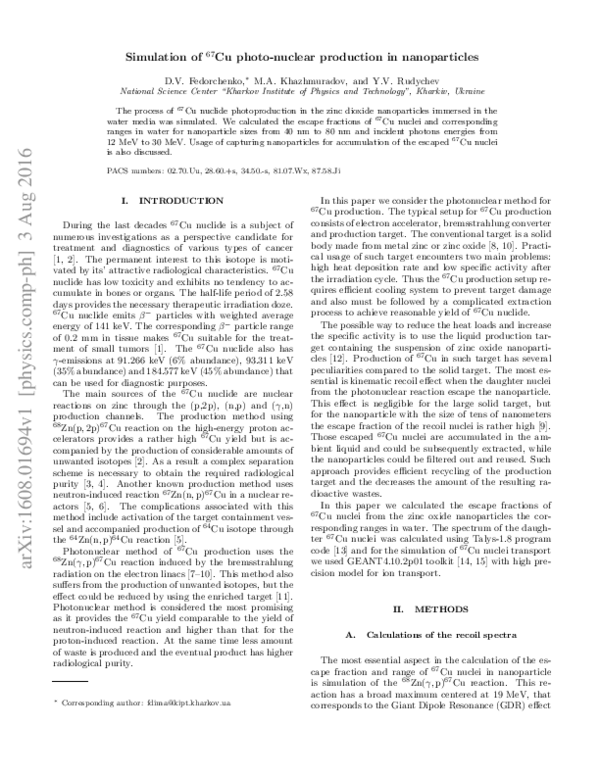 (PDF) Simulation of $^{67}$Cu photo-nuclear production in nanoparticles