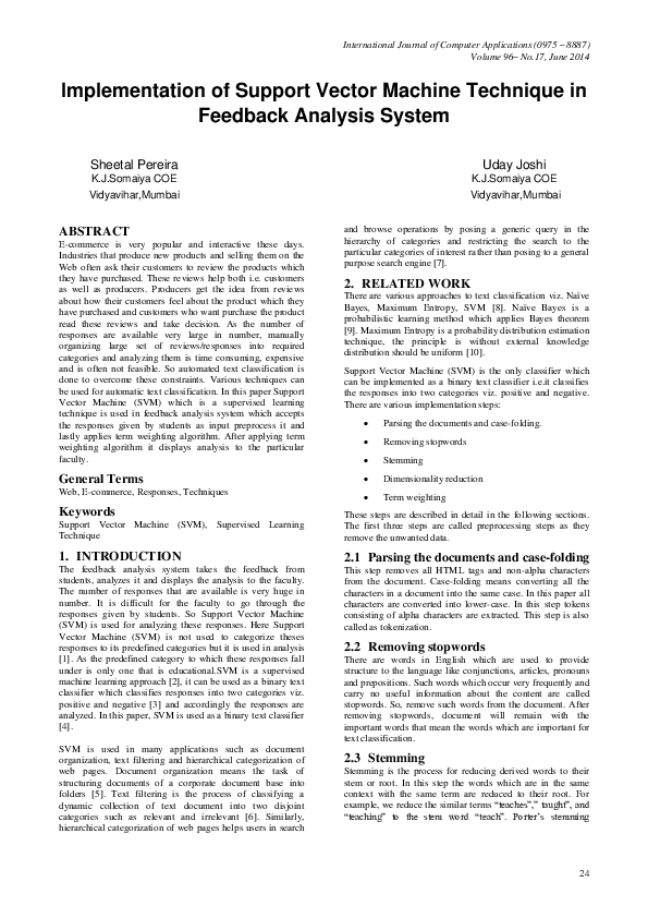 (PDF) Implementation of Support Vector Machine Technique in Feedback Analysis System