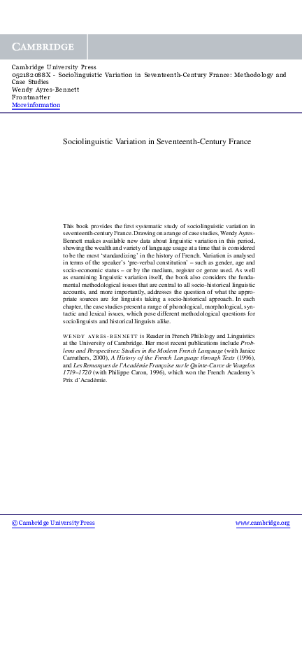 (PDF) Sociolinguistic Variation in Seventeenth-Century France