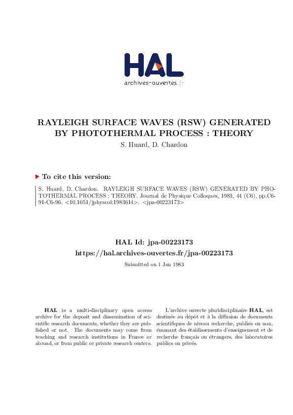 (PDF) Rayleigh Surface Waves (RSW) Generated by Photothermal Process : Theory