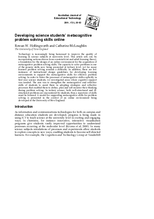 (PDF) Developing science students’ metacognitive problem solving skills ...