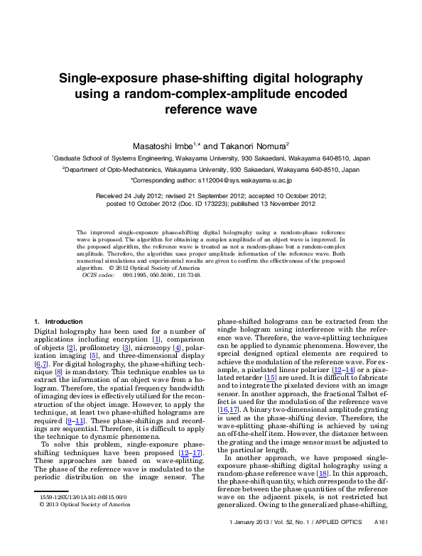 (PDF) Single-exposure phase-shifting digital holography using a random-complex-amplitude encoded ...