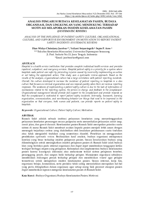 (PDF) Analisis Pengaruh Budaya Keselamatan Pasien, Budaya Organisasi ... (PDF) Analisis Pengaruh Budaya Keselamatan Pasien, Budaya Organisasi ...