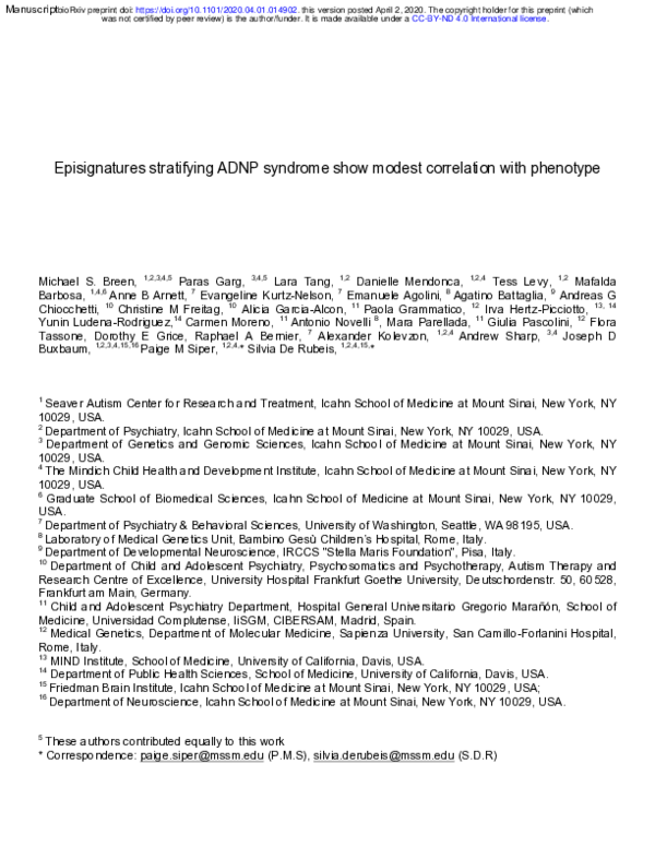 (PDF) Episignatures stratifying ADNP syndrome show modest correlation ...
