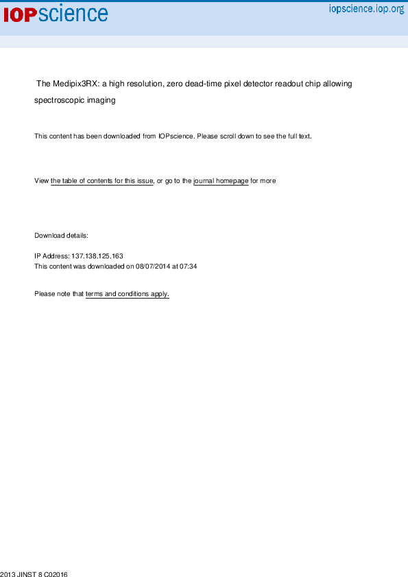 (PDF) The Medipix3RX: a high resolution, zero dead-time pixel detector readout chip allowing ...