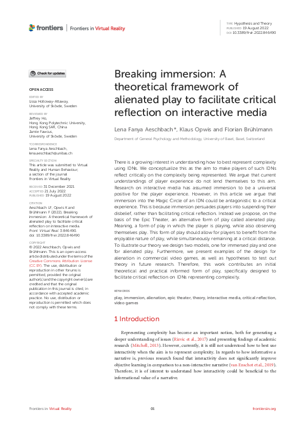 (PDF) Breaking immersion: A theoretical framework of alienated play to ...
