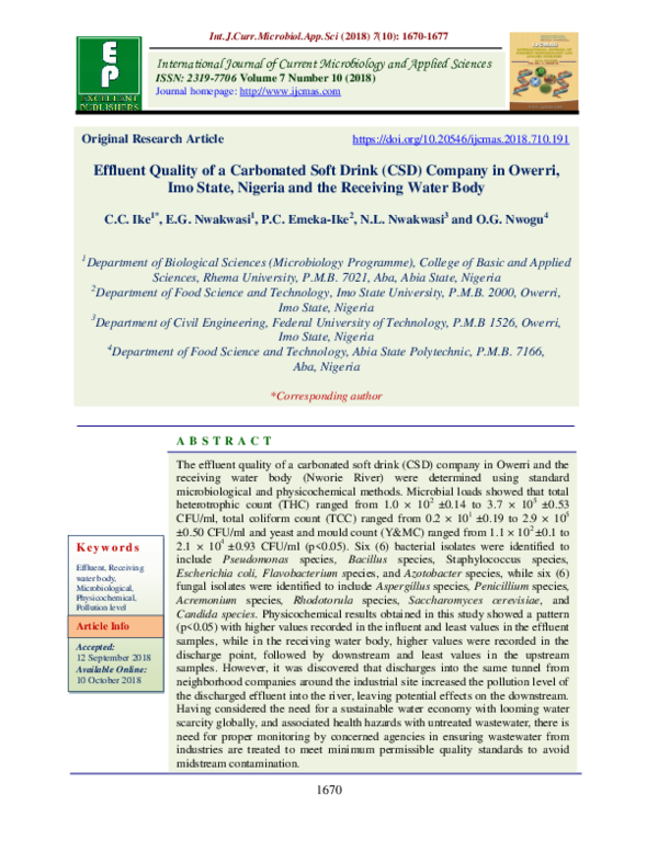 (PDF) Effluent Quality of a Carbonated Soft Drink (CSD) Company in Owerri, Imo State, Nigeria ...