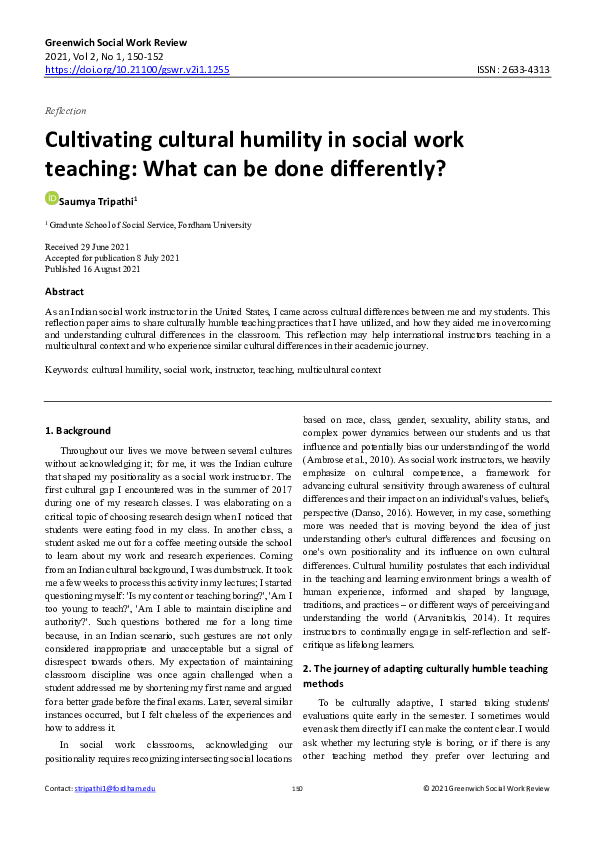 (PDF) Cultivating Cultural Humility in Social Work Teaching: What Can ...