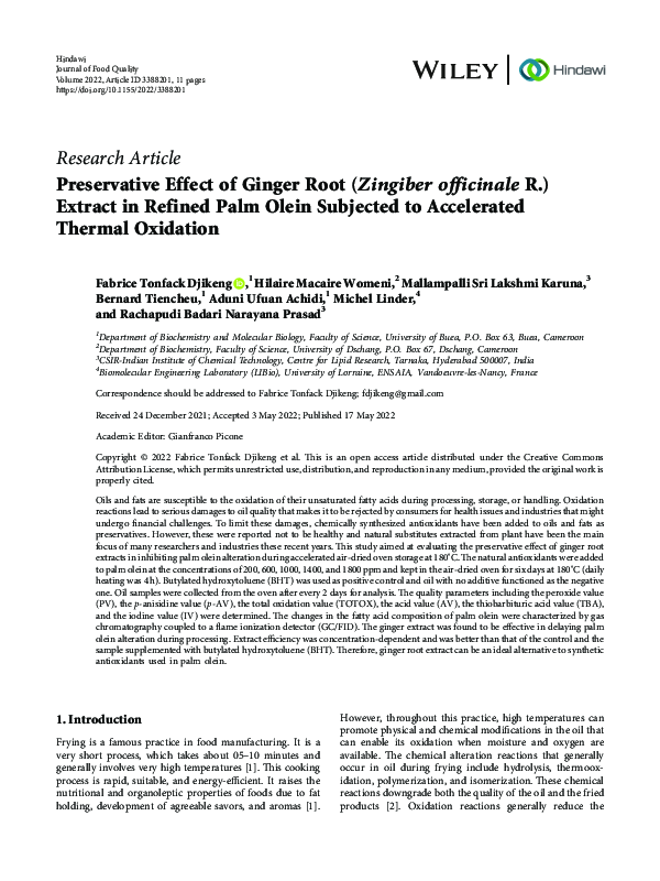 (PDF) Preservative Effect of Ginger Root (Zingiber officinale R.) Extract in Refined Palm Olein ...