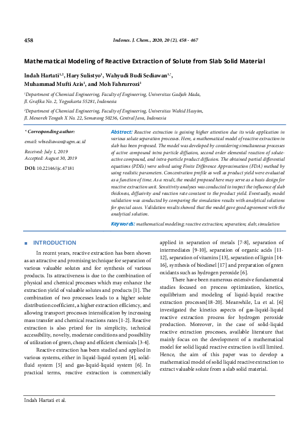 (PDF) Mathematical Modeling of Reactive Extraction of Solute from Slab Solid Material