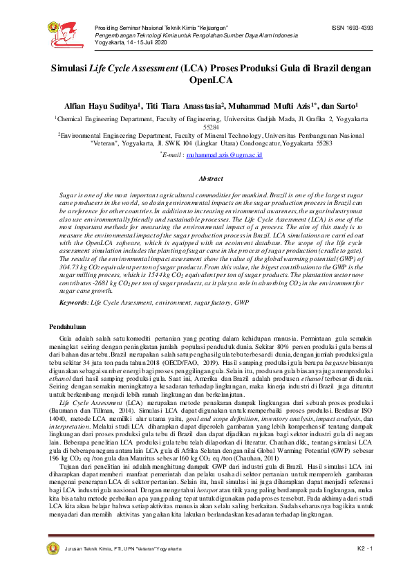 (PDF) Simulasi Life Cycle Assessment (LCA) Proses Produksi Gula di Brazil dengan OpenLCA