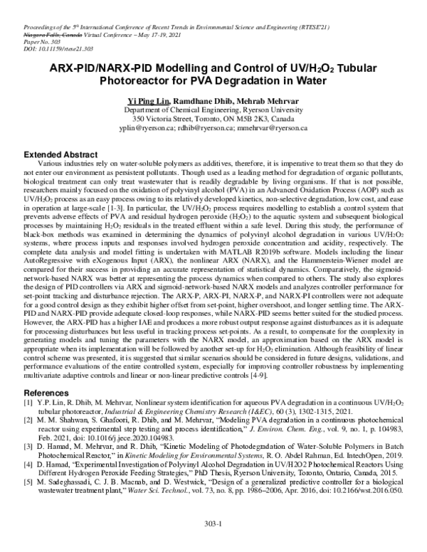 (PDF) ARX-PID/NARX-PID Modelling and Control of UV/H2O2 Tubular ...
