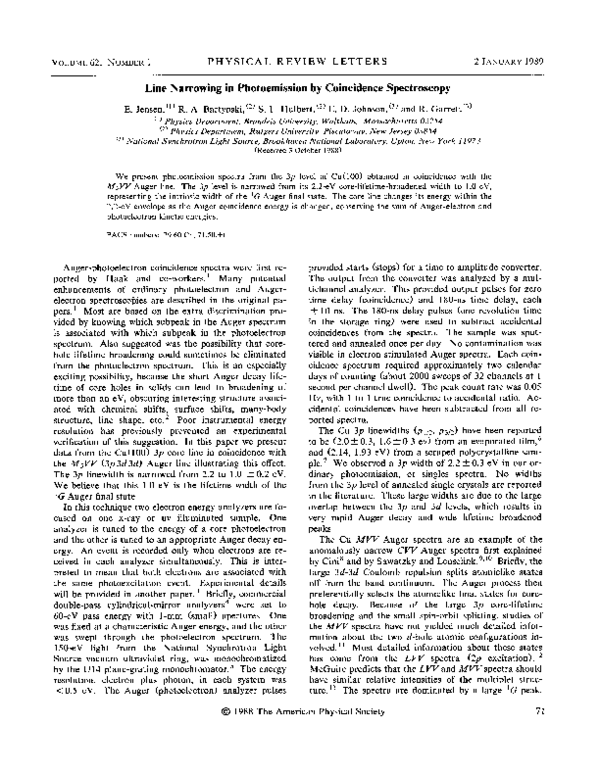 (PDF) Line Narrowing in Photoemission by Coincidence Spectroscopy