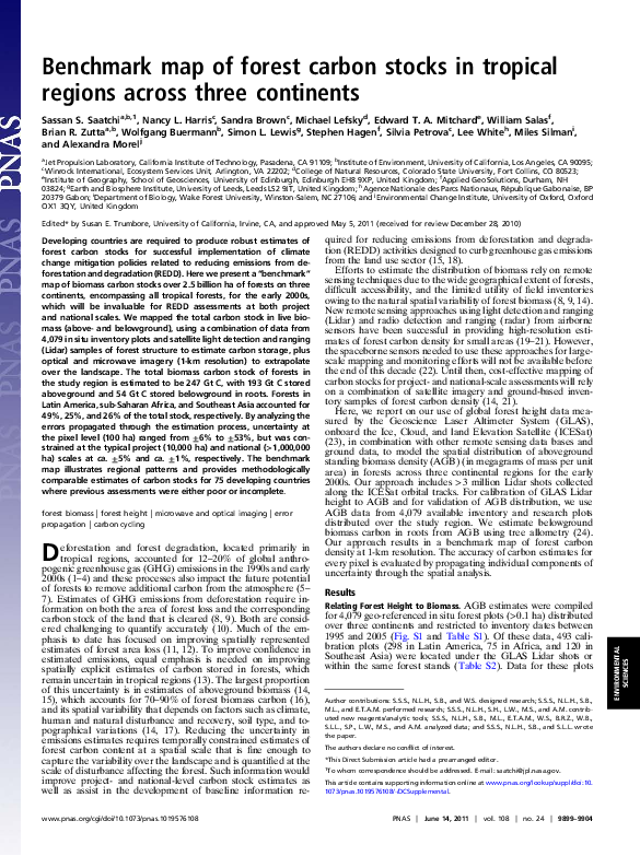 (PDF) Benchmark map of forest carbon stocks in tropical regions across three continents | Lee ...