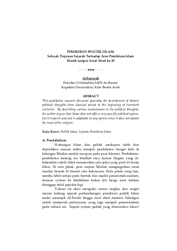 (PDF) PEMIKIRAN POLITIK ISLAM; Sebuah Tinjauan Sejarah Terhadap Arus Pemikiran Islam Klasik ...