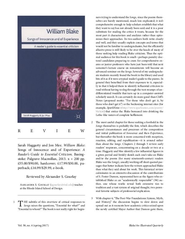 (PDF) Sarah Haggarty and Jon Mee, William Blake : Songs of Innocence ...