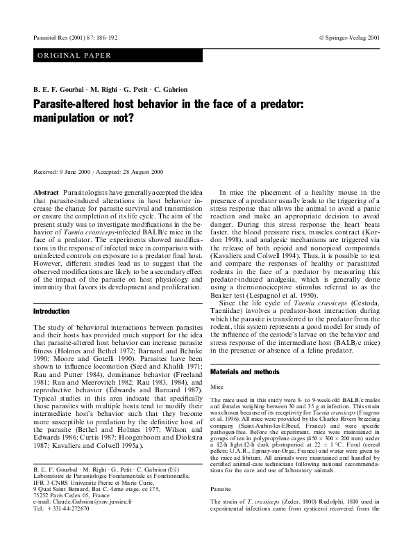(PDF) Parasite-altered host behavior in the face of a predator ...