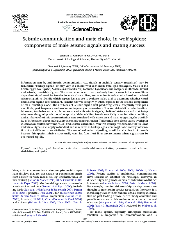 (PDF) Seismic communication and mate choice in wolf spiders: components ...
