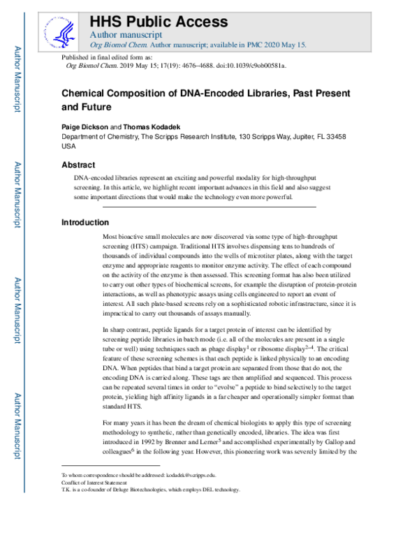 (PDF) Chemical composition of DNA-encoded libraries, past present and future