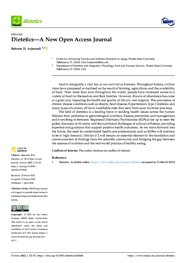 (PDF) Dietetics—A New Open Access Journal