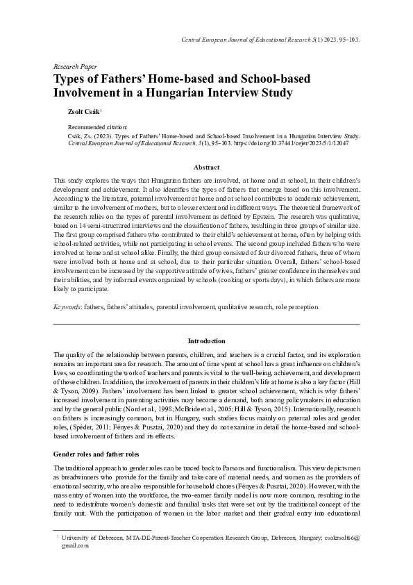 (PDF) Types of Fathers’ Home-based and School-based Involvement in a ...