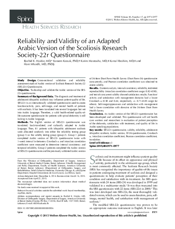 (PDF) Reliability and Validity of an Adapted Arabic Version of the Scoliosis Research Society ...