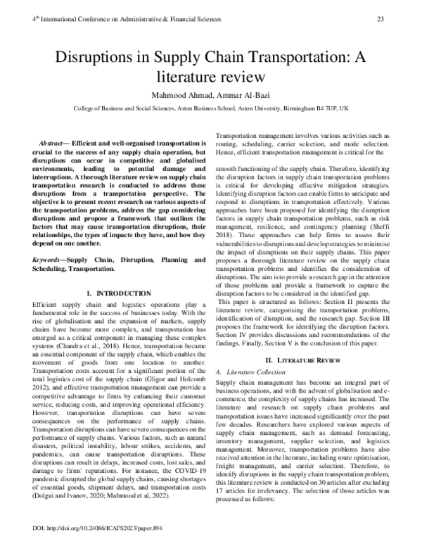 (PDF) Disruptions in Supply Chain Transportation: A Literature Review