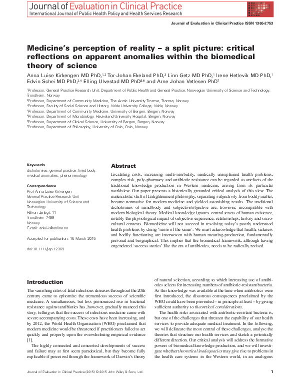 (PDF) Medicine's perception of reality – a split picture: critical ...