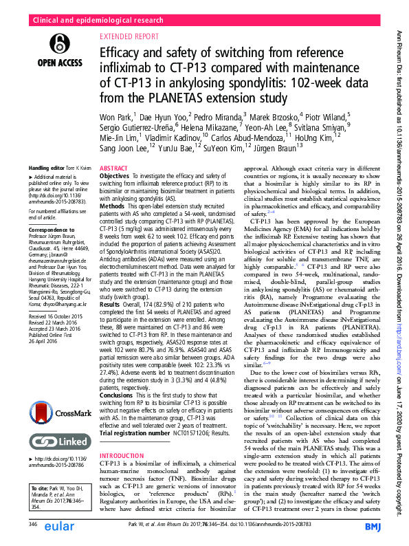(PDF) Efficacy and safety of switching from reference infliximab to CT-P13 compared with ...