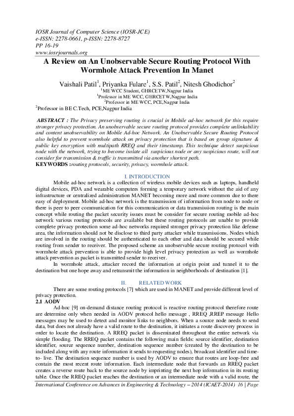 (PDF) A Review on An Unobservable Secure Routing Protocol With Wormhole Attack Prevention In Manet