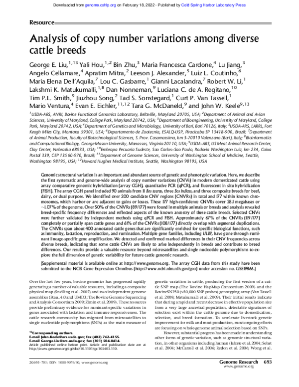 Pdf Analysis Of Copy Number Variations Among Diverse Cattle Breeds