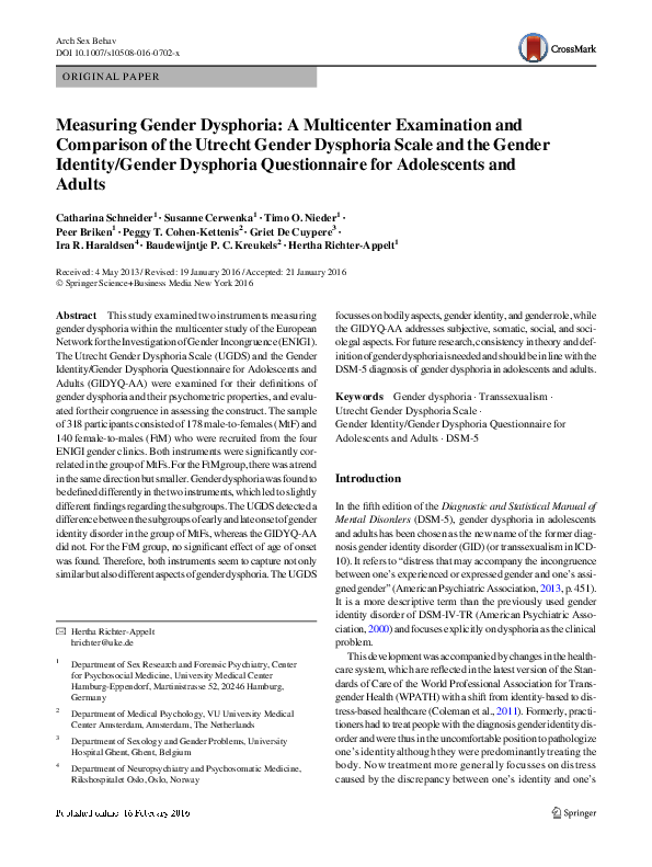 (PDF) Measuring Gender Dysphoria: A Multicenter Examination and ...
