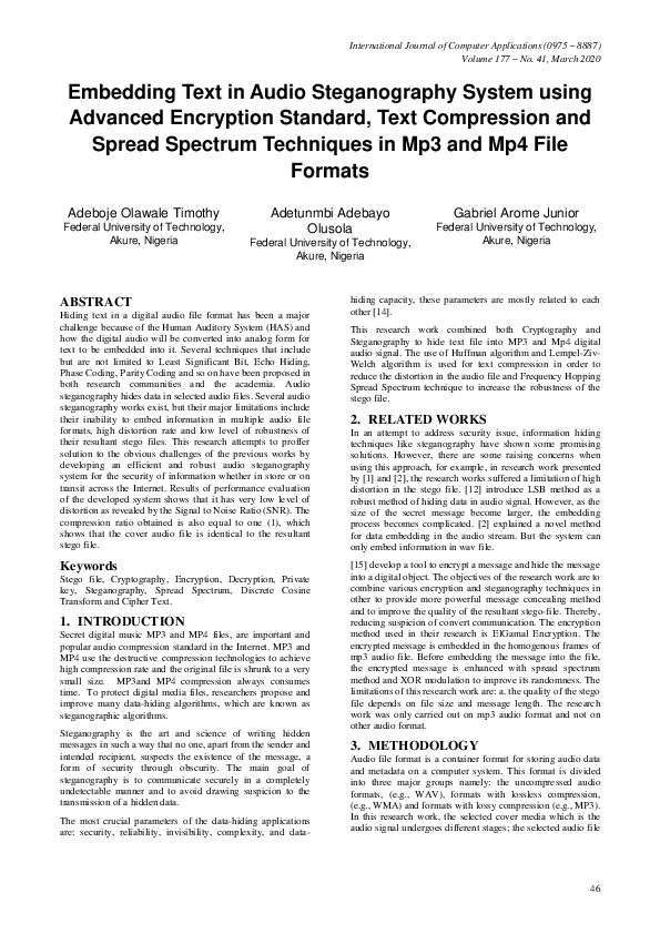 Pdf Embedding Text In Audio Steganography System Using Advanced Encryption Standard Text